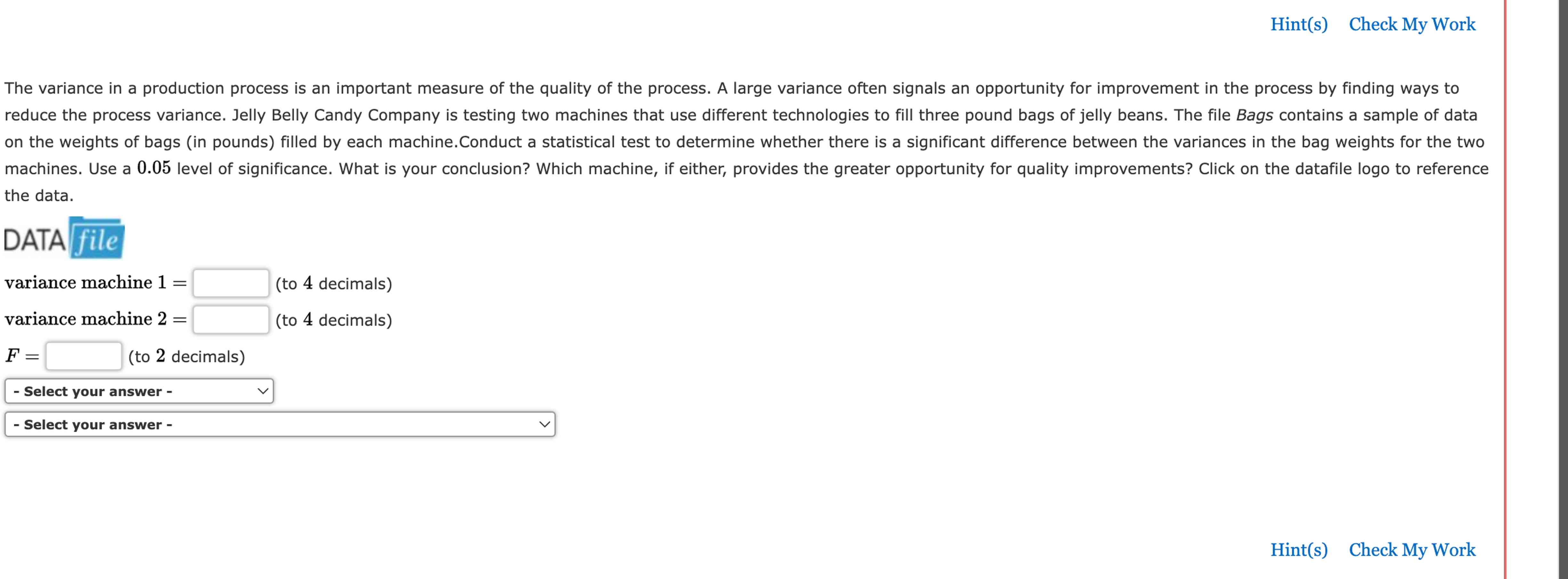 the data.DATA f2ile variance machine 1=(to 4 | Chegg.com