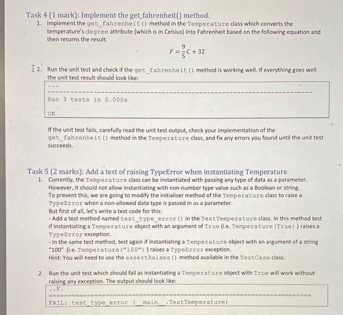 Solved Task 1 (1 mark): Define Temperature class. 1. Create | Chegg.com