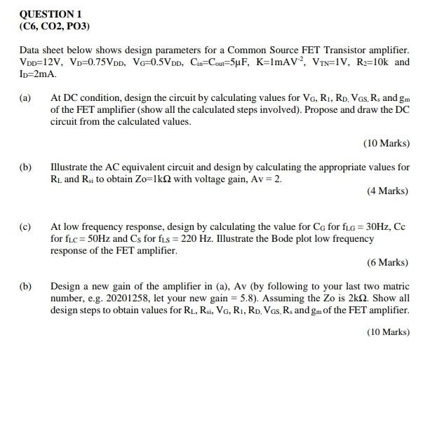 Solved (C6, CO2, PO3) Data sheet below shows design | Chegg.com