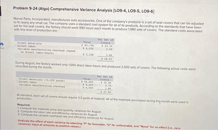 Solved Print Problem 9-24 (Algo) Comprehensive Variance | Chegg.com