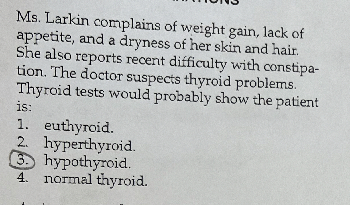 Solved Ms. ﻿Larkin complains of weight gain, lack of | Chegg.com