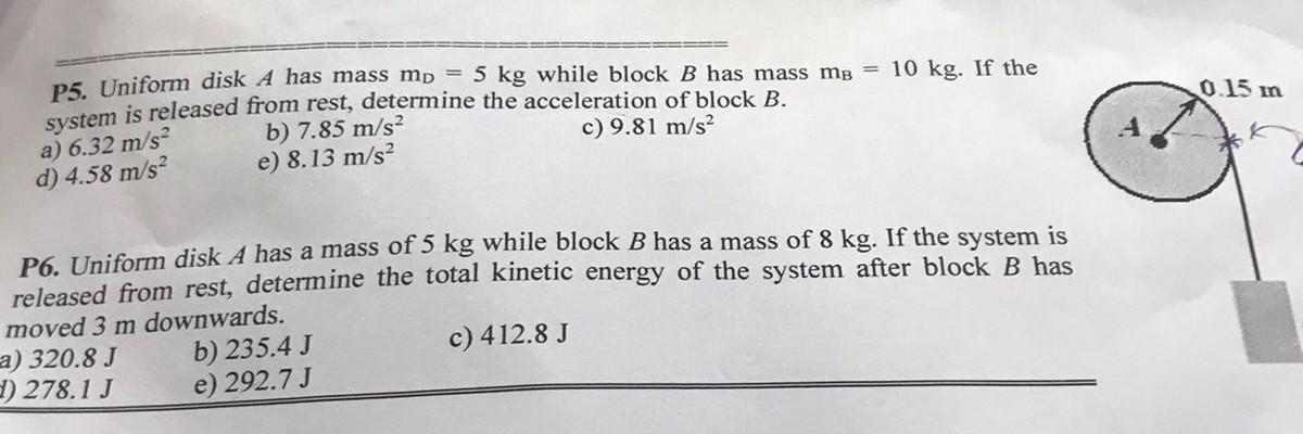 Solved P5. Uniform disk A has mass mD=5 kg while block B has | Chegg.com