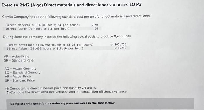 Solved Exercise 21-12 (Algo) Direct materials and direct | Chegg.com