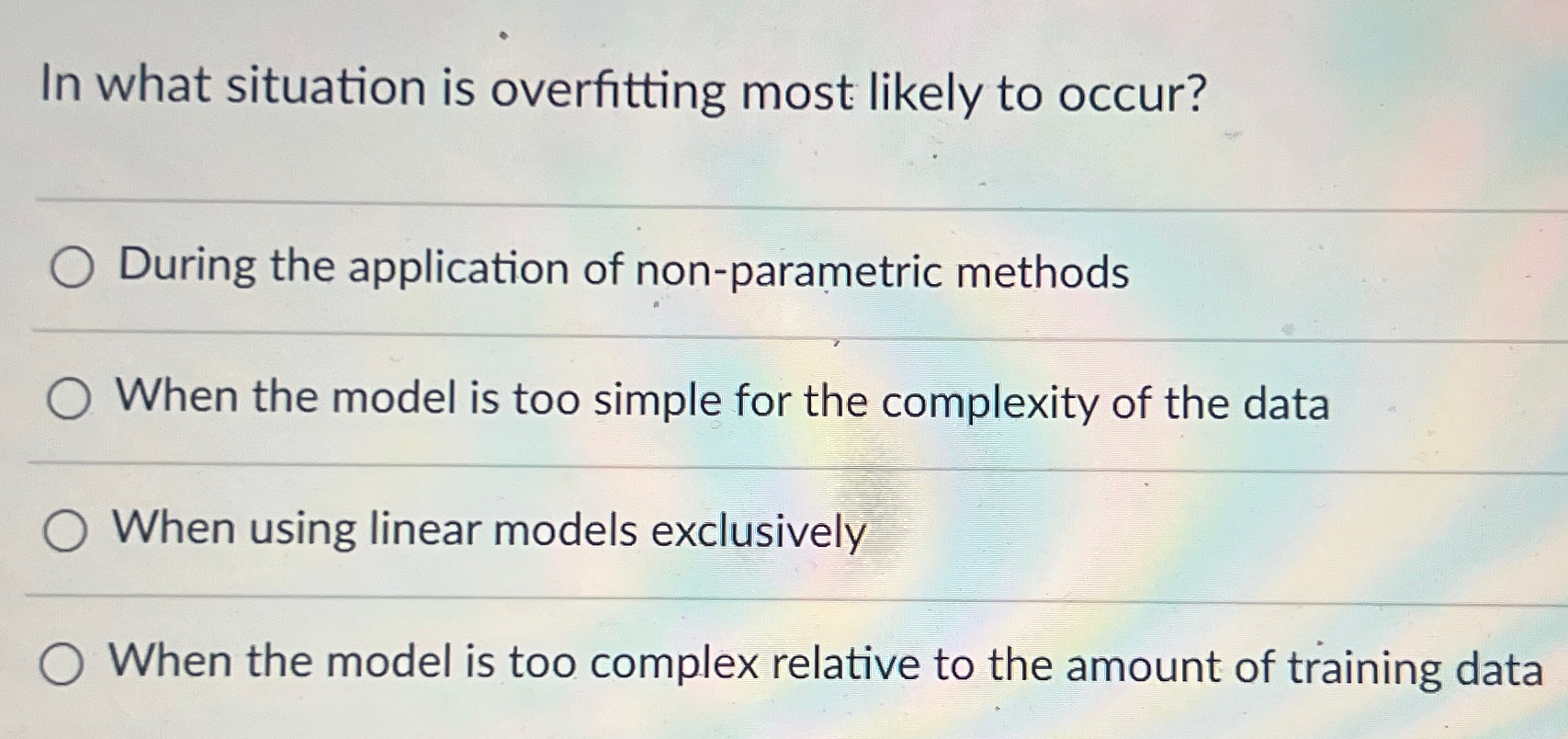 Solved In what situation is overfitting most likely to | Chegg.com