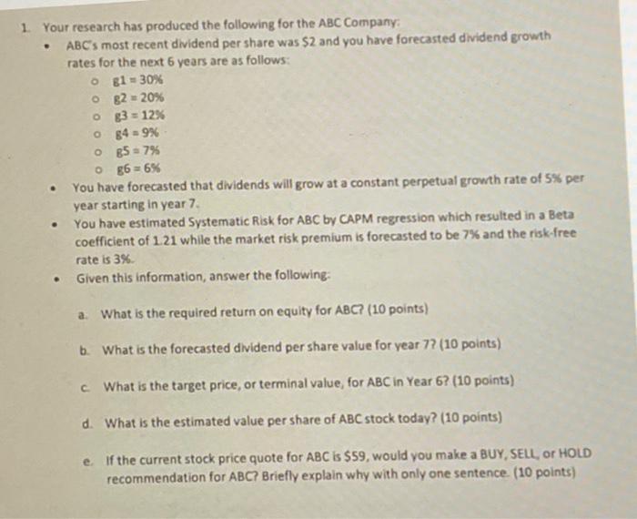 Solved Your research has produced the following for the ABC | Chegg.com