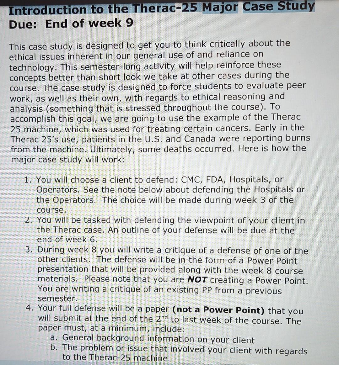 Solved Introduction to the Therac-25 Major Case Study Due: | Chegg.com