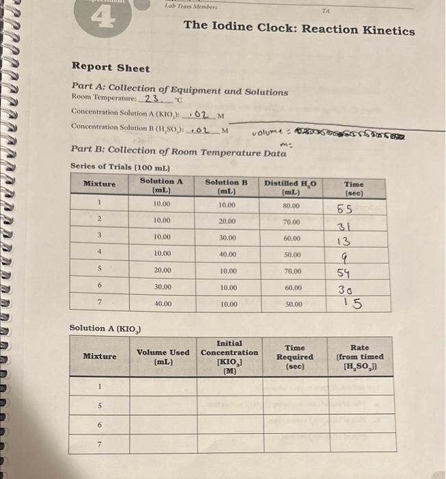 Solved The Iodine Clock: Reaction Kinetics Report Sheet Part | Chegg.com