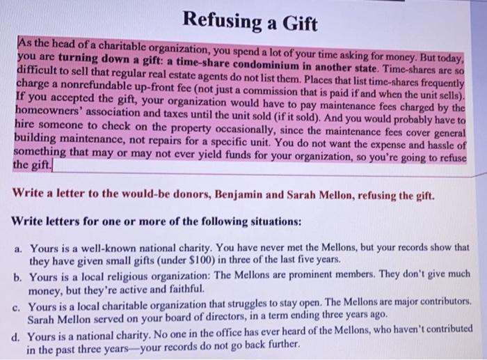 Refusing a Gift As the head of a charitable | Chegg.com