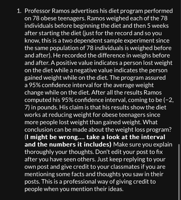 Solved Professor Ramos advertises his diet program performed | Chegg.com