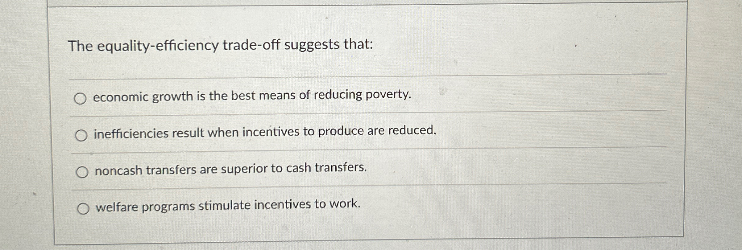 Solved The equality-efficiency trade-off suggests | Chegg.com