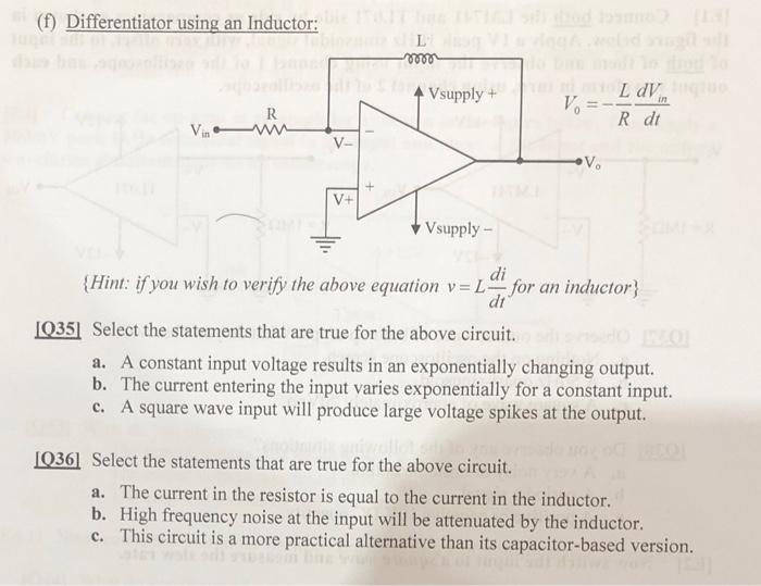 Solved (1) Differentiator using an Inductor: L 0000 Vsupply | Chegg.com