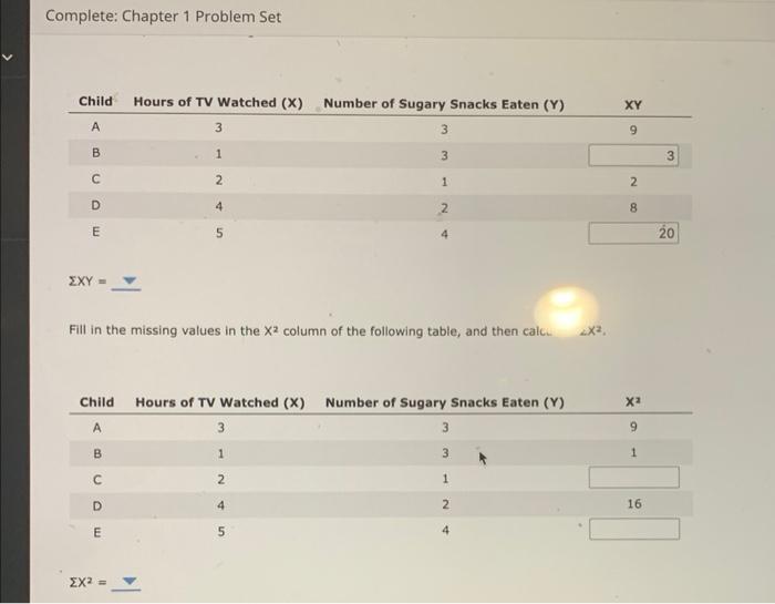 Solved Complete: Chapter 1 Problem Set ΣXY= Fill in the | Chegg.com