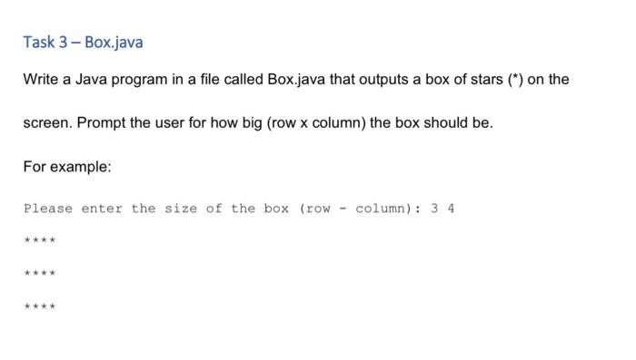 Solved Task 3 - Box.java Write a Java program in a file | Chegg.com