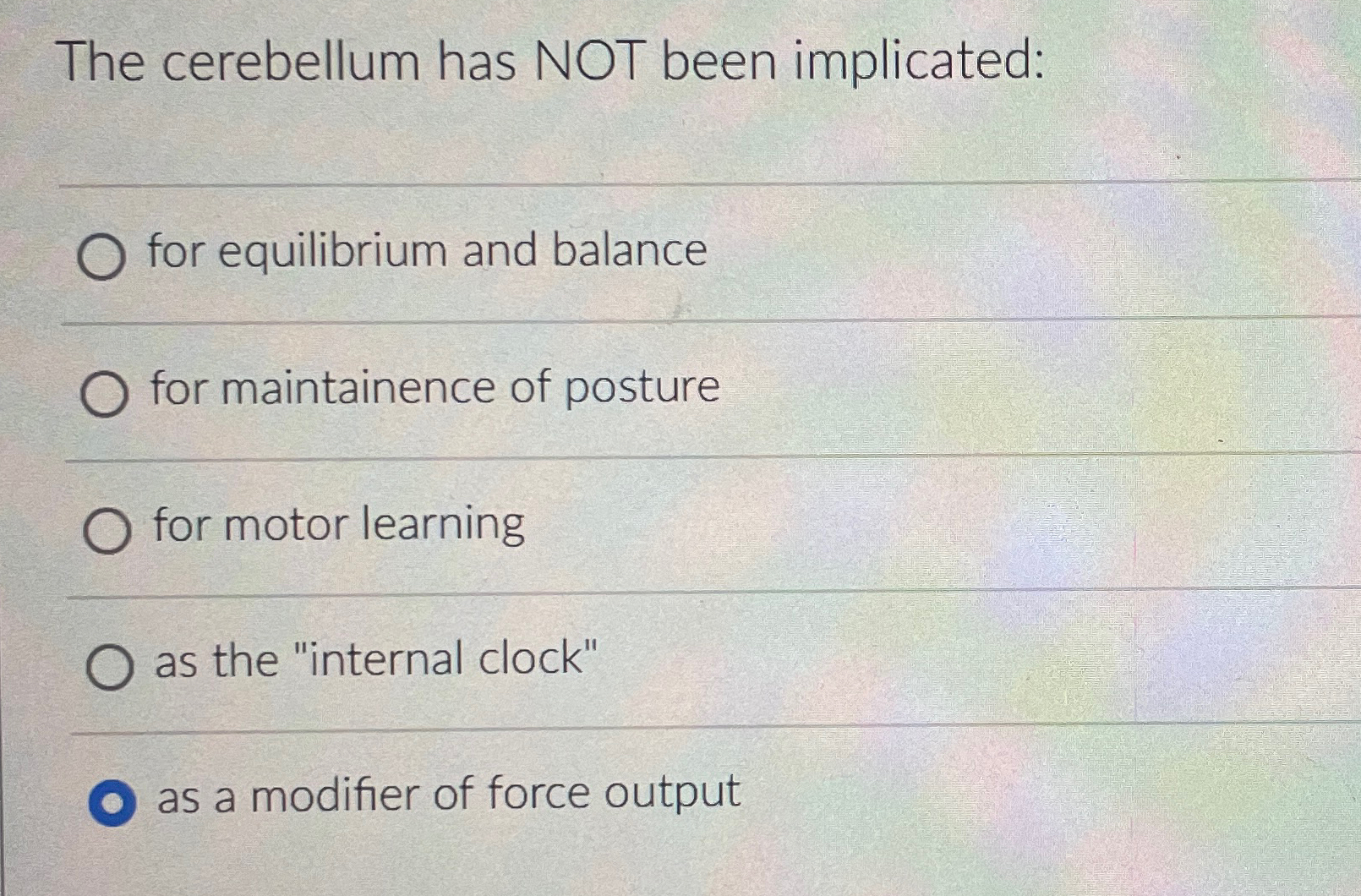 Solved The cerebellum has NOT been implicated: ﻿for | Chegg.com