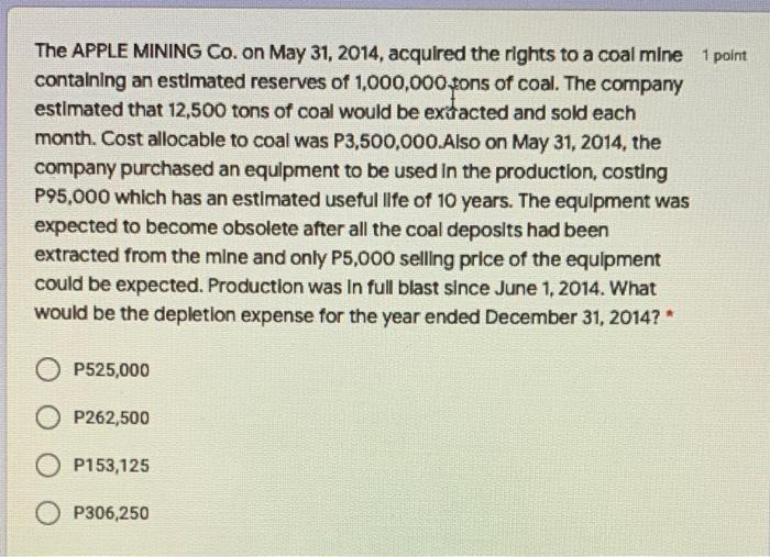 Solved The APPLE MINING Co. on May 31, 2014, acquired the | Chegg.com