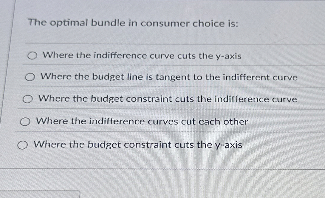 Solved The optimal bundle in consumer choice is:Where the | Chegg.com