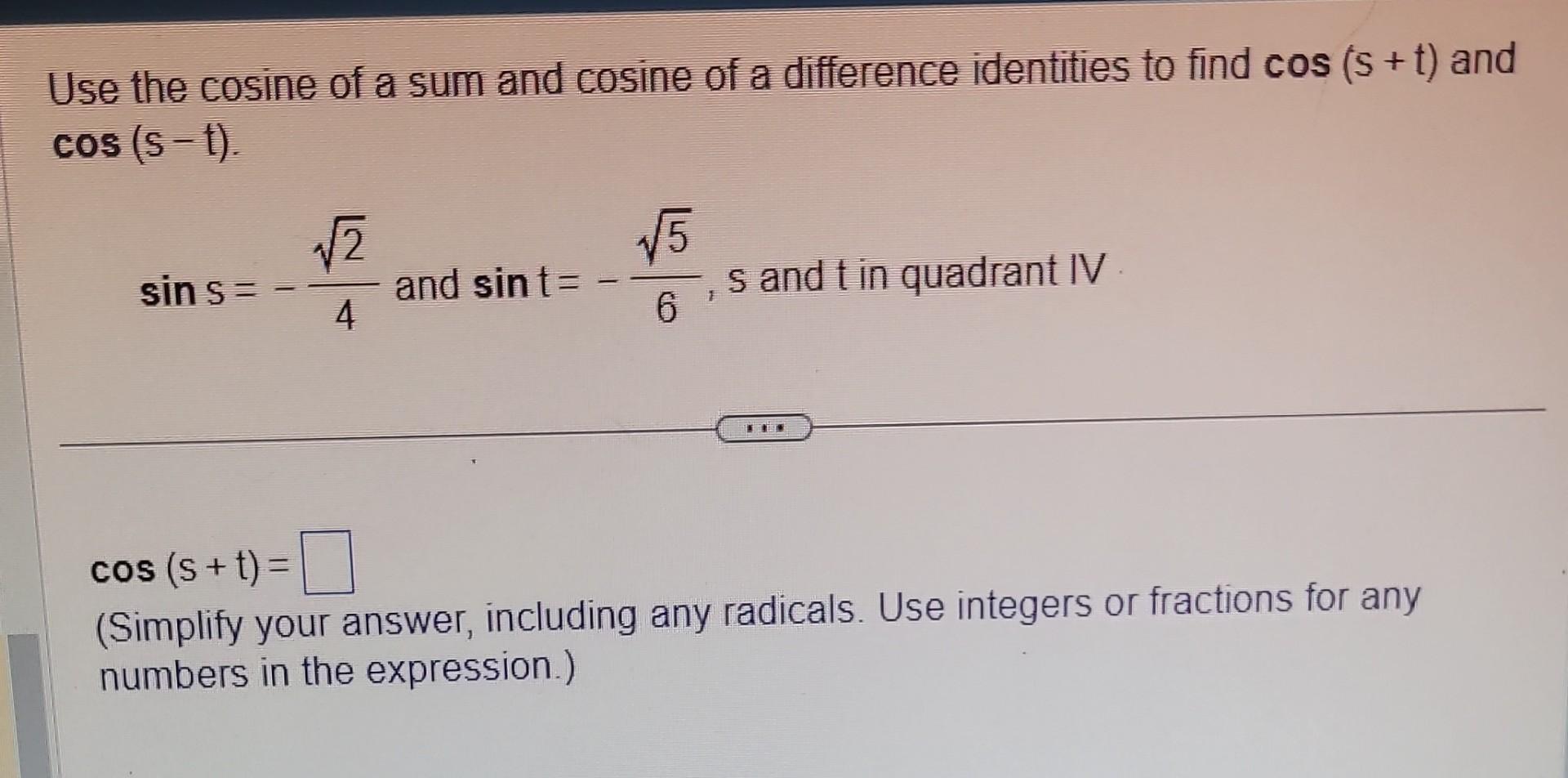 Solved Use the cosine of a sum and cosine of a difference | Chegg.com
