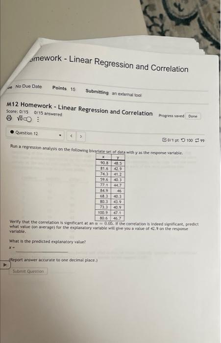 Solved omework - Linear Regression and Correlation Je No Due | Chegg.com