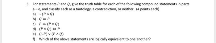 Solved 3. For statements P and Q, give the truth table for | Chegg.com