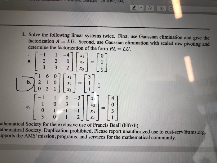 Solved 1.(b) solve the following linear system twice. First | Chegg.com