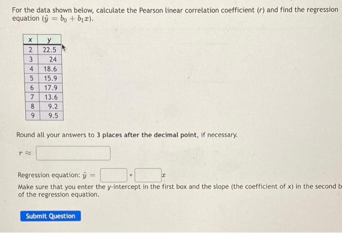 Solved For the data shown below, calculate the Pearson | Chegg.com