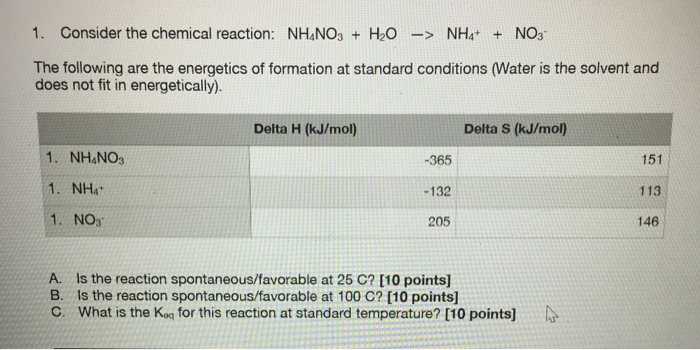 Solved 1. Consider the chemical reaction: NH4NO3 + H2O -> | Chegg.com