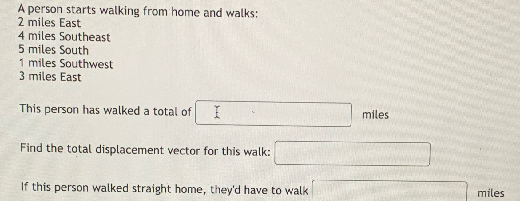 Solved A person starts walking from home and walks:2 ﻿miles | Chegg.com