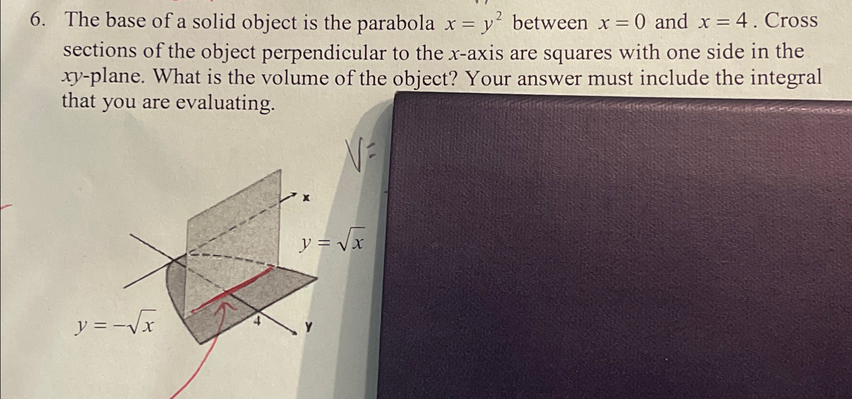 Solved The base of a solid object is the parabola x=y2 | Chegg.com