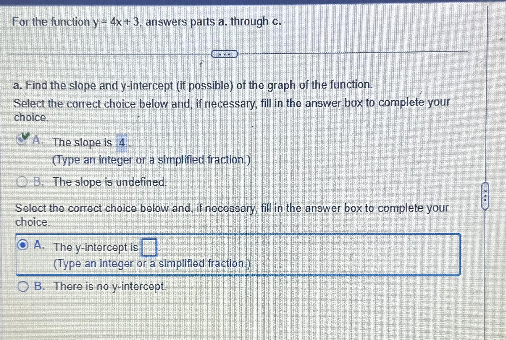 Solved For the function y=4x+3, ﻿answers parts a. ﻿through | Chegg.com