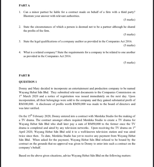 PARTA 1. Can a minor partner be liable for a contract | Chegg.com