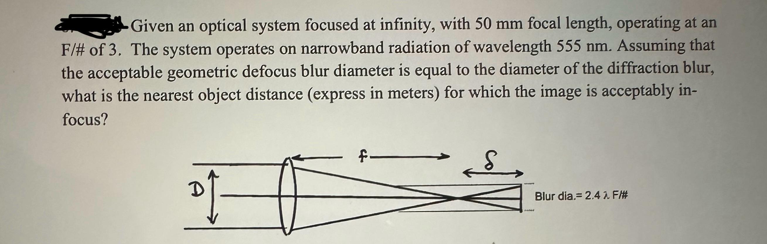 Solved Given an optical system focused at infinity, with | Chegg.com