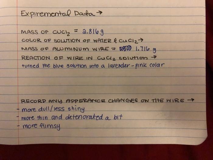 Solved Expiremental Data> MASS OF CUCI2 = 2.8169 COLOR OF | Chegg.com