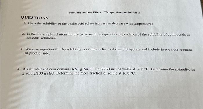 Solved Solubility and the Effect of Temperature on | Chegg.com