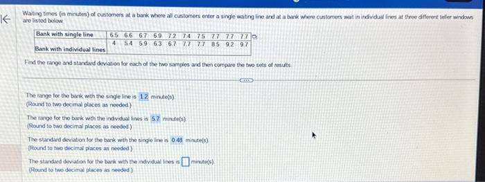Solved Wating times (in mirutes) of customers at a bank | Chegg.com