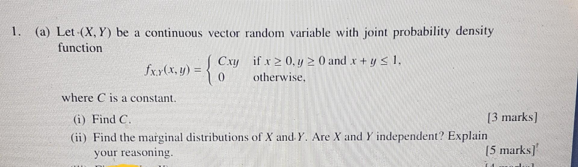 Solved (a) Let (X,Y) be a continuous vector random variable | Chegg.com