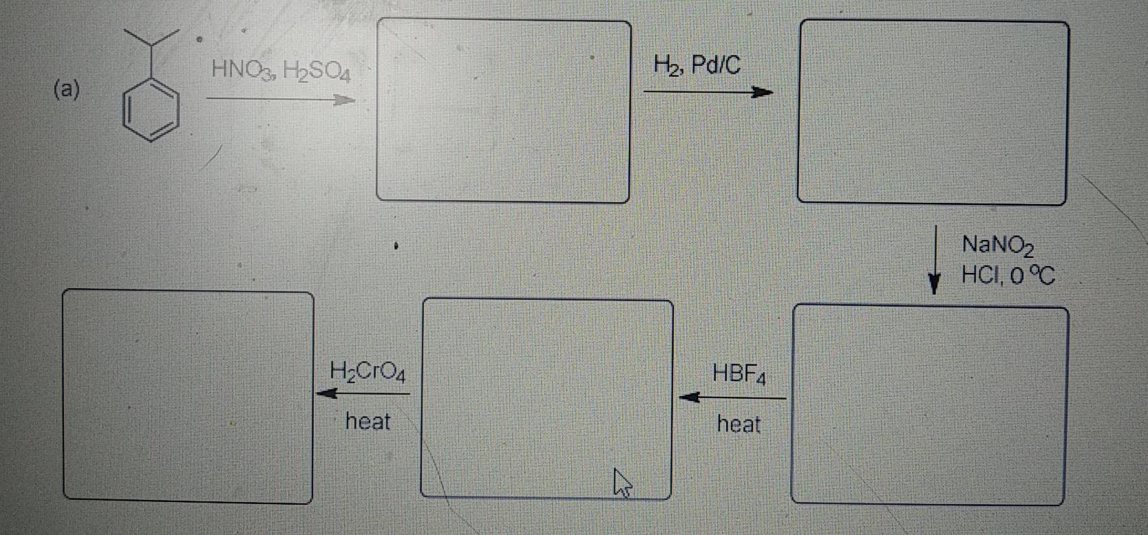 Solved HNO3, H2SO4 H2, Pd/C (a) NaNO2 HCI, 0 °C H-Cro4 HBF4 | Chegg.com