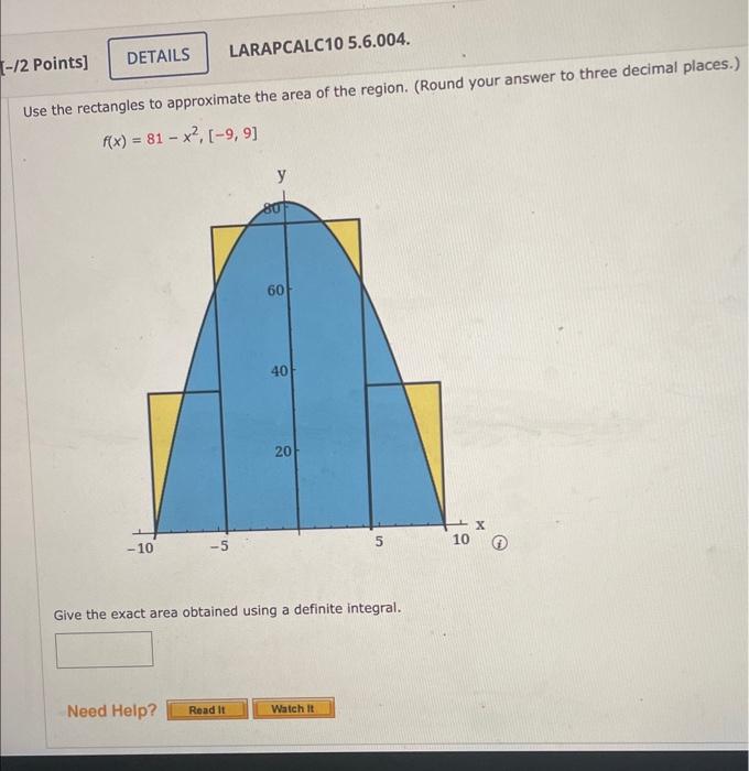 Solved /2 Points] Use the rectangles to approximate the area | Chegg.com