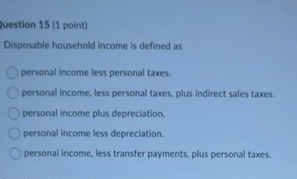 Solved Uestion 15 (1 ﻿point)Disposable household income is | Chegg.com