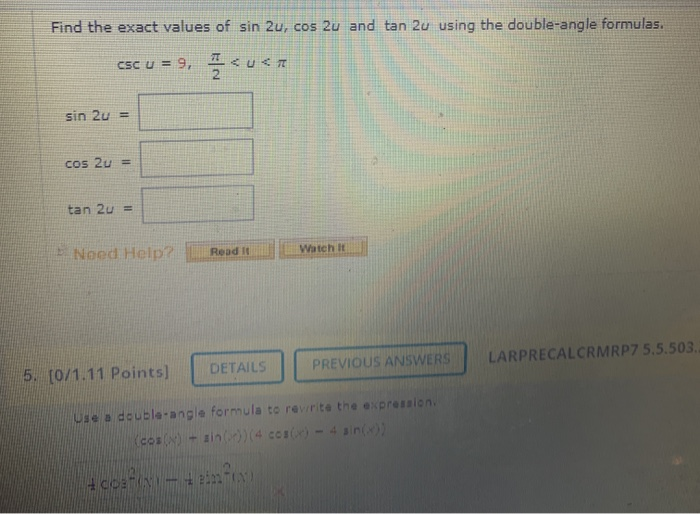 Solved Find the exact values of sin 2u, cos 2u and tan 2u | Chegg.com
