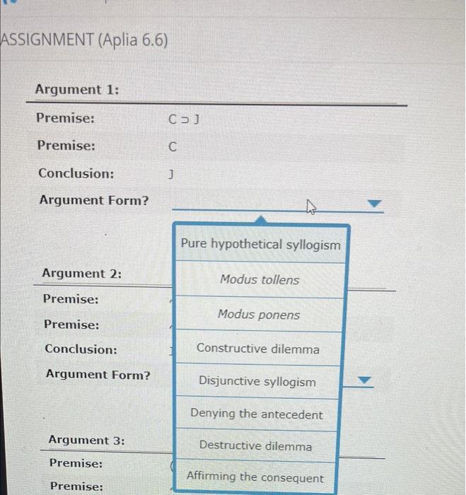 Solved ASSIGNMENT (Aplia 6.6) Argument 1: Premise: CD] | Chegg.com