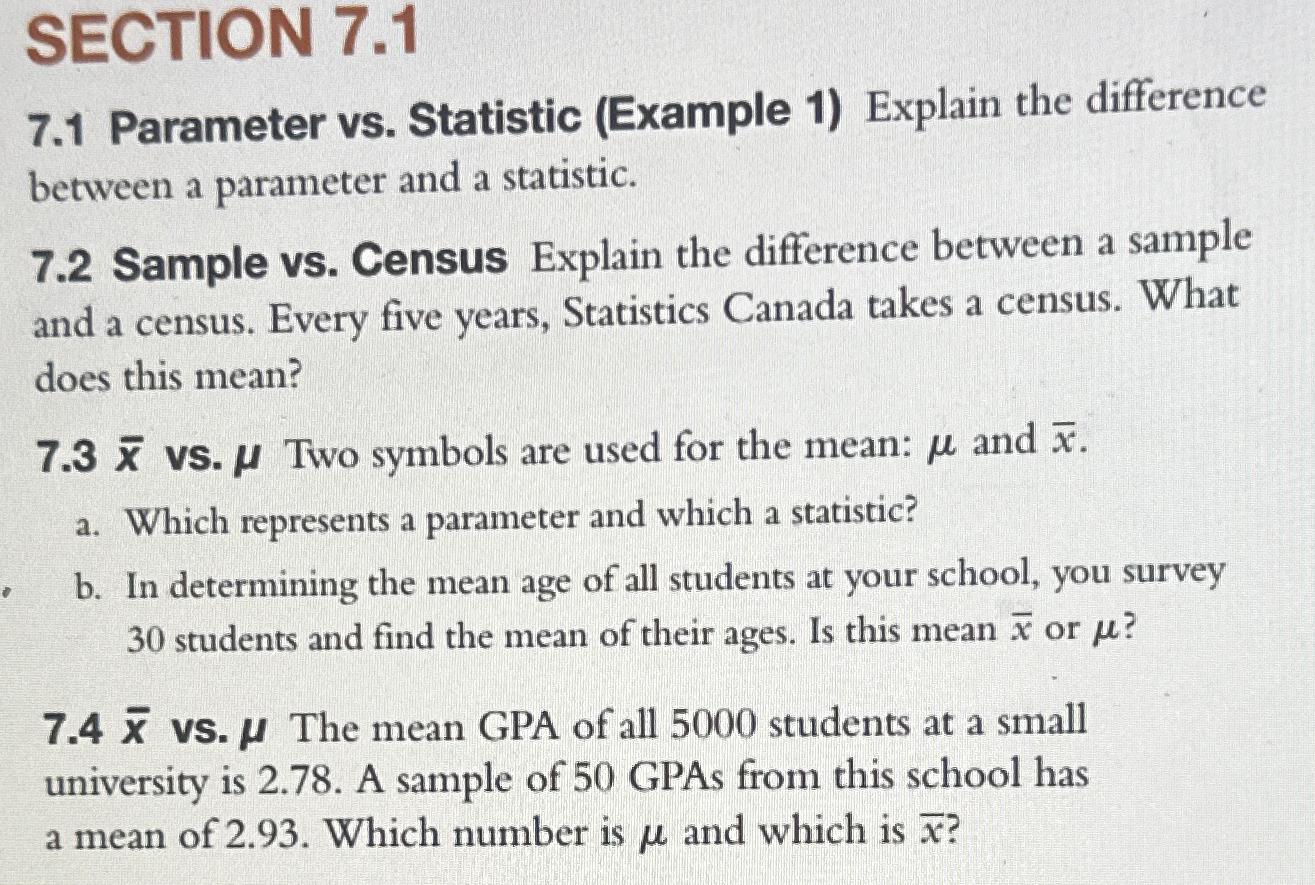 Solved SECTION 7.17.1 ﻿Parameter vs. ﻿Statistic (Example 1) | Chegg.com