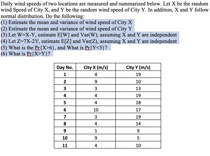 Solved Daily wind speeds of two locations are measured and | Chegg.com
