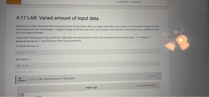Solved 01/30/2022. 110 PM CST 4.17 LAB: Varied amount of | Chegg.com