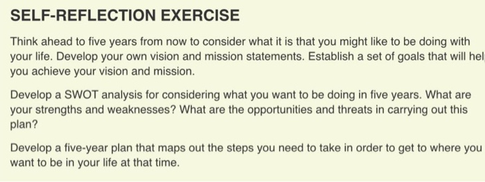 SELF-REFLECTION EXERCISE Think ahead to five years | Chegg.com