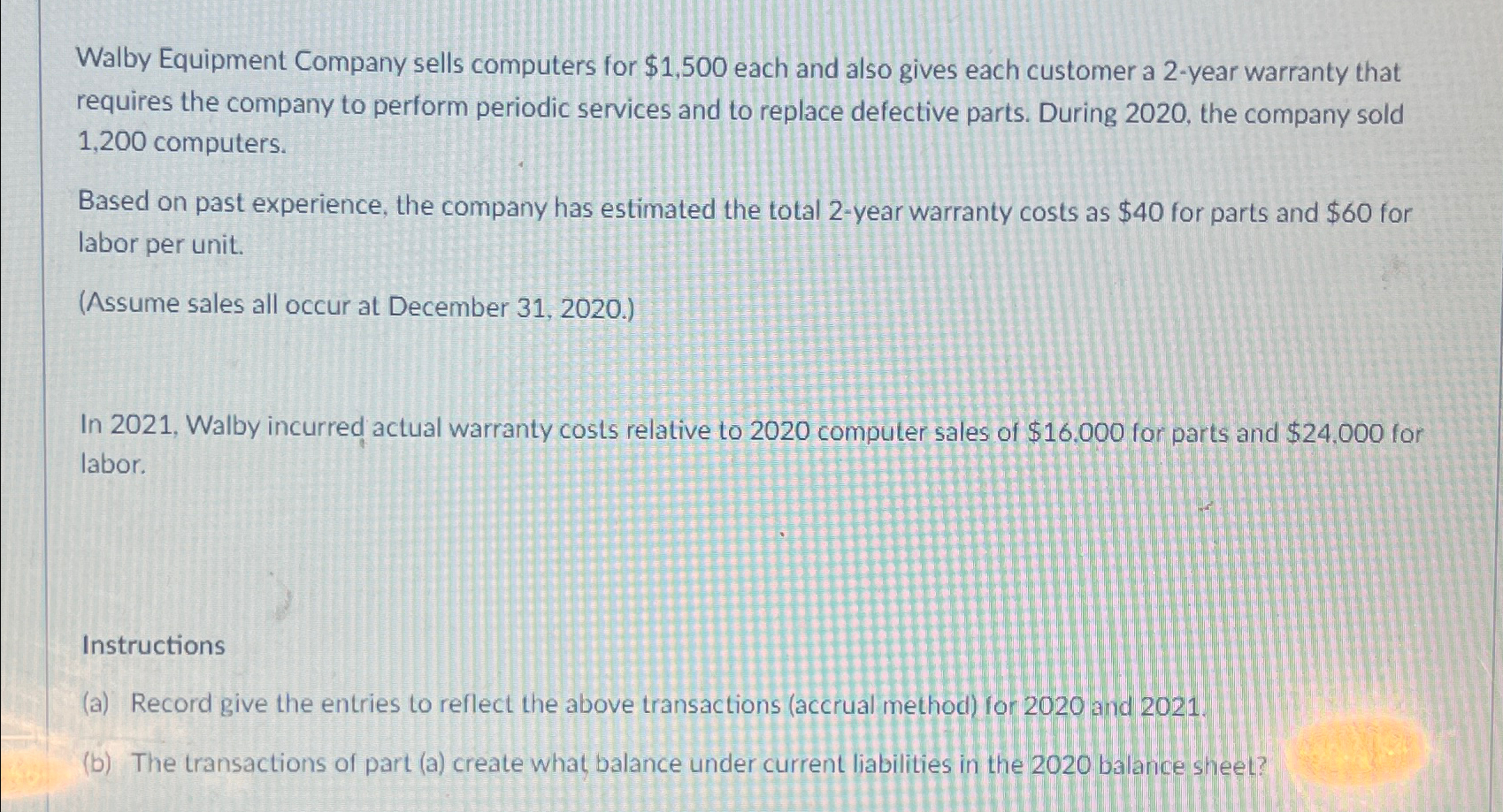 Solved Walby Equipment Company sells computers for $1,500 | Chegg.com