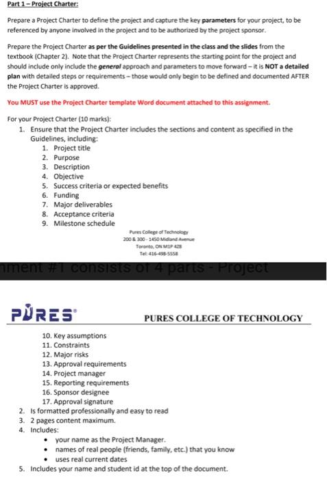 Part 1 - Project Charter: Prepare a Project Charter | Chegg.com