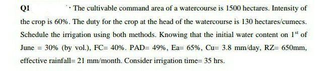 Solved Q1 The cultivable command area of a watercourse is | Chegg.com