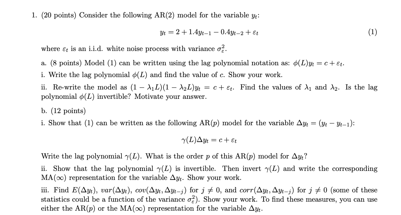 Solved (20 ﻿points) ﻿Consider the following AR(2) ﻿model for | Chegg.com