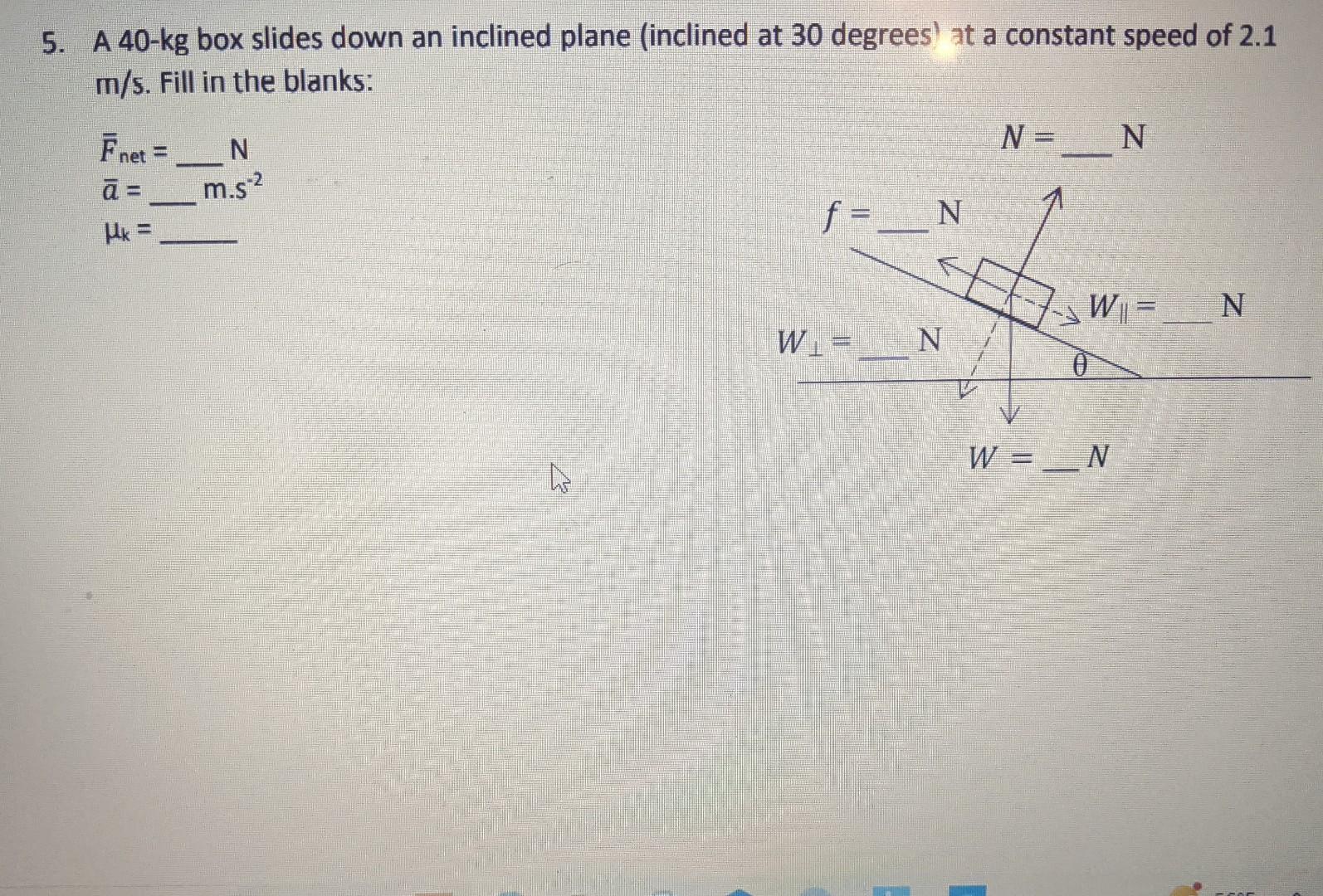 Solved 5. A 40−kg box slides down an inclined plane | Chegg.com