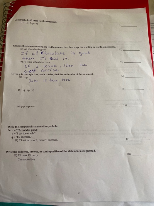 Solved Construct a truth table for the statement 11) -S (p ) | Chegg.com